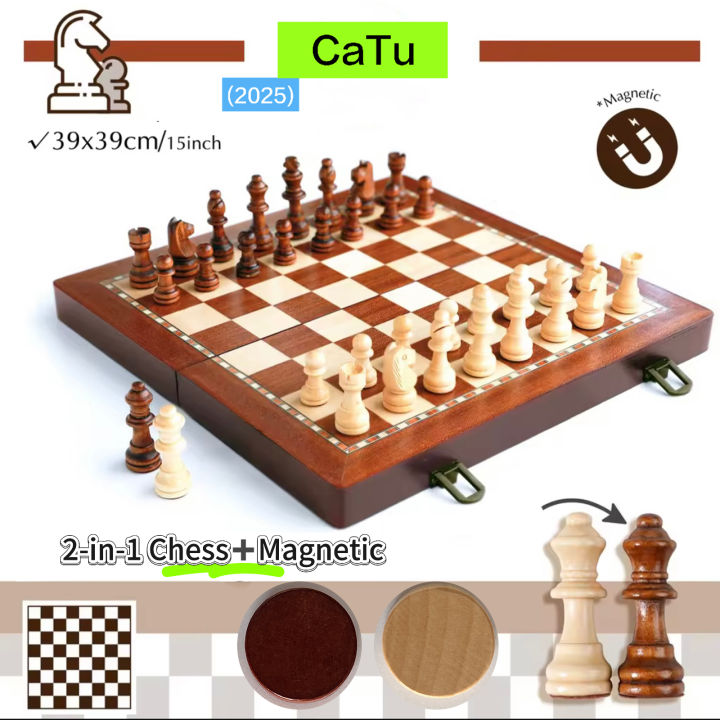 39CM Bigger Upgrade Magnetic Wooden Chess and Checkers Set with Folding ...