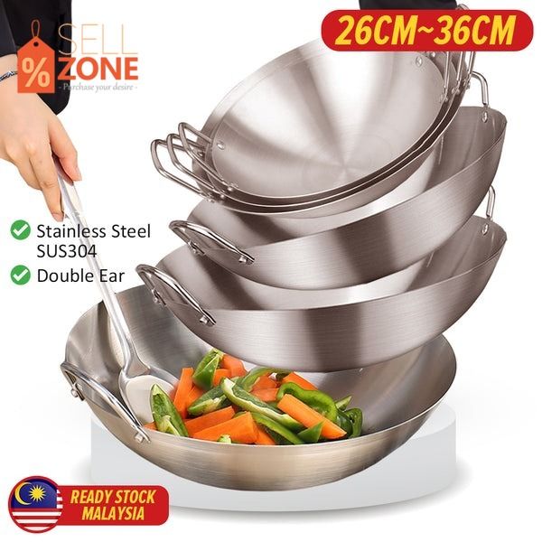[Sell Zone] Cooking Wok Double Ear Stainless Steel 304 26CM~36CM / Periuk Masak Keluli Tahan ...