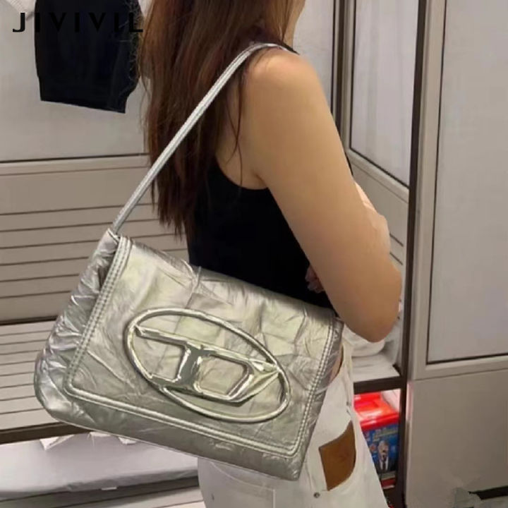 Jivil กระเป๋ากระเป๋าแบบหนีบแขนดีเซลสีเงินผู้หญิง,กระเป๋า Cewek Seksi ...