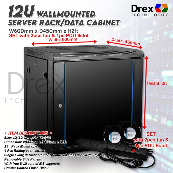 12U 12-Layer Wallmounted Data Cabinet 600x450x2ft W/ 2pcs Fan & 1pc PDU ...