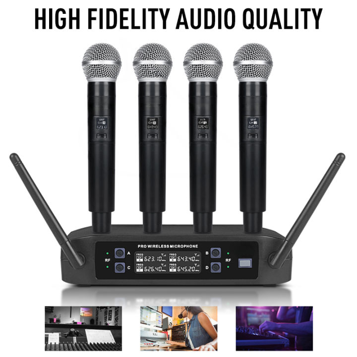 Wireless Microphone System 4 Channel UHF Handheld Dynamic Mic Work ...