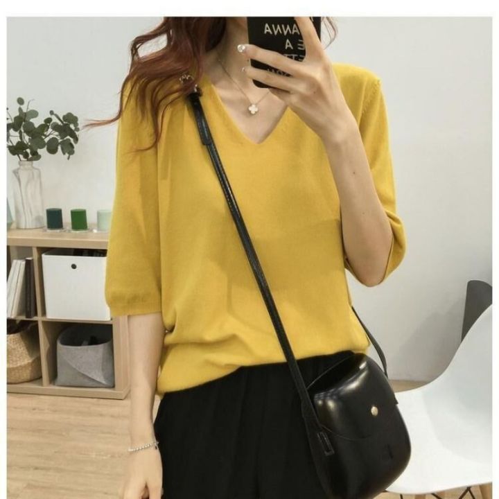 Mandgs T Shirt For Women Fashion V Neck Pullover Loose Solid Color