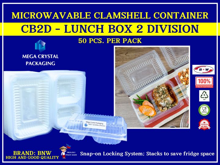 [ 50 Pcs ] Microwavable Plastic Clamshell Containers CB2D Lunch Box 2 ...