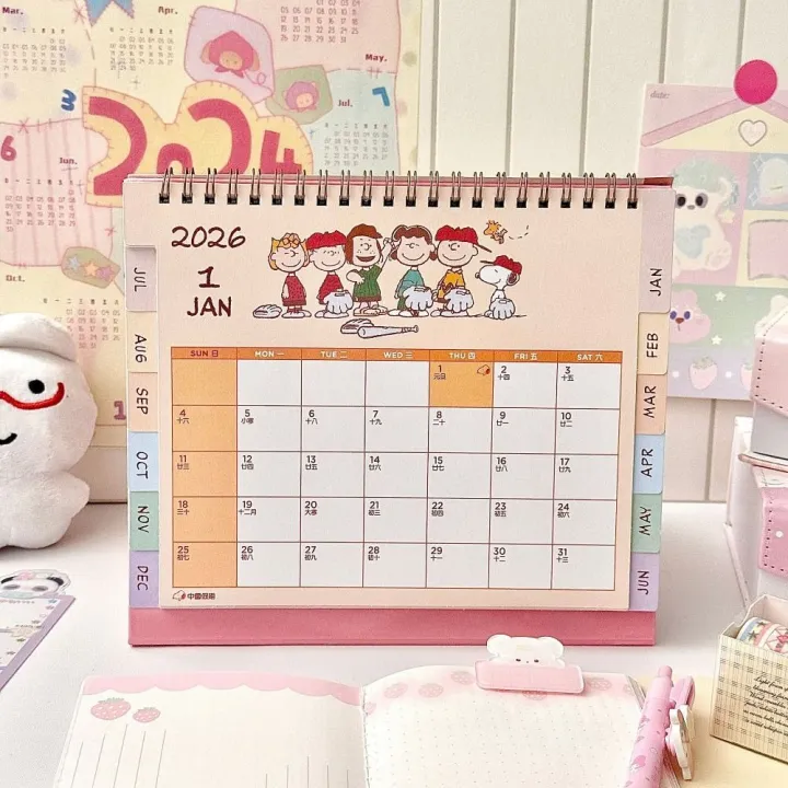 ABDFG พร้อมบันทึกข้อความ ปฏิทินตั้งโต๊ะ Snoopy ปี 2026 การเข้าเล่มแบบ ...