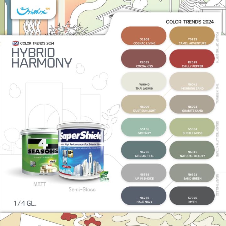 TOA เฉดสีแห่งปี 2024 สีทาบ้าน 1 ลิตร (1/4 กล.)4 Seasons และ SuperShield ...