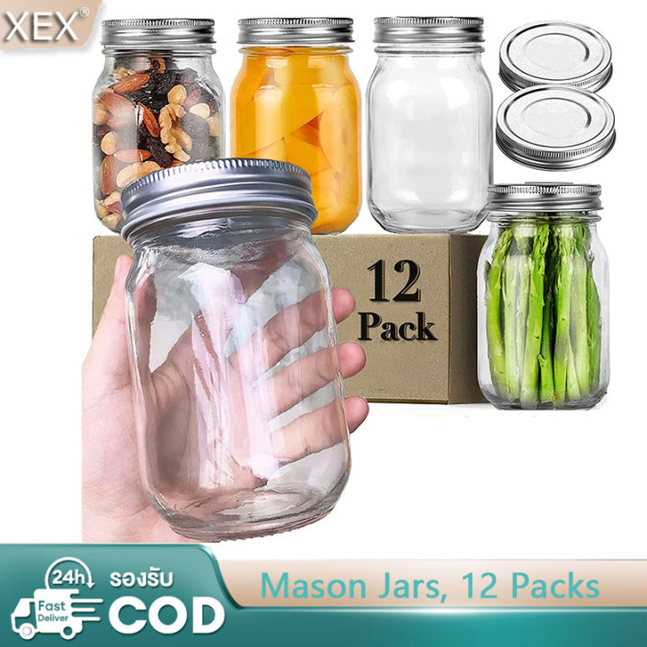 Mason Jars ขวดใส่แยม 480ml(12 ชิ้น/ชุด) canning jar กระปุกกลม ขวดน้ำพริก โหลแก้ว glass jar with ...