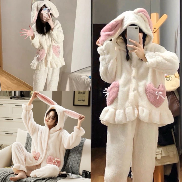 Bộ ngủ lông cừu tai thỏ trắng tuia trái tim viền bèo dễ thương, Sét đồ ...