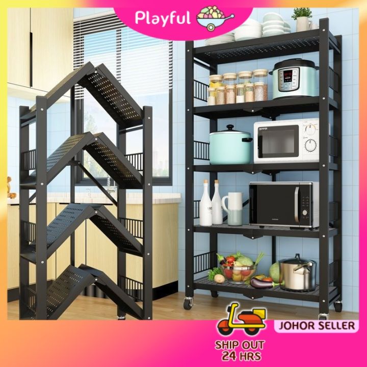 【PLAYFUL】Foldable Structure Oven Rack Foldable Kitchen Rack With Wheels ...