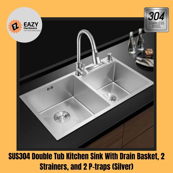 Heavy Duty SUS304 Stainless Steel Double Tub Kitchen Sink With Drain Basket, 2 Strainers, and 2 ...