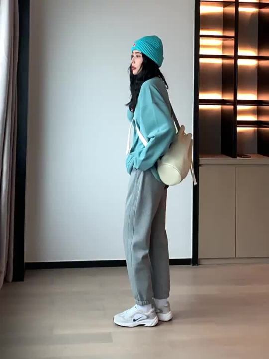 FE2023 ฤดูใบไม้ร่วงและฤดูหนาวกางเกงสเวตเตอร์บุขนกำมะหยี่สำหรับผู้หญิงกางเกงลำลองทรงหลวมรัดข้อ ...