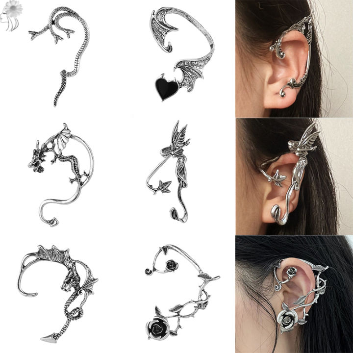 【small chrysanthemum】Metal Dark Gothic Demon Elf Ear Cuff Clip Earrings ...