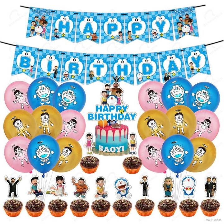 Doraemon Theme Party Decoration Set Banner Cake Topper Balloon Kids ...