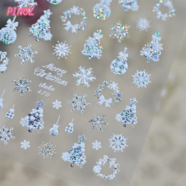 PINGZ สติกเกอร์ศิลปะเล็บรูปโบว์เกล็ดหิมะสีสันสดใสสำหรับผู้หญิงสติกเกอร์ตกแต่งเล็บสไตล์คริสมาสต์ ...