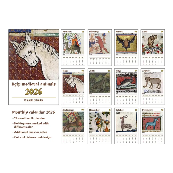 romaine Medieval Animals 2026 Wall Calendar Small Space Calendar ...