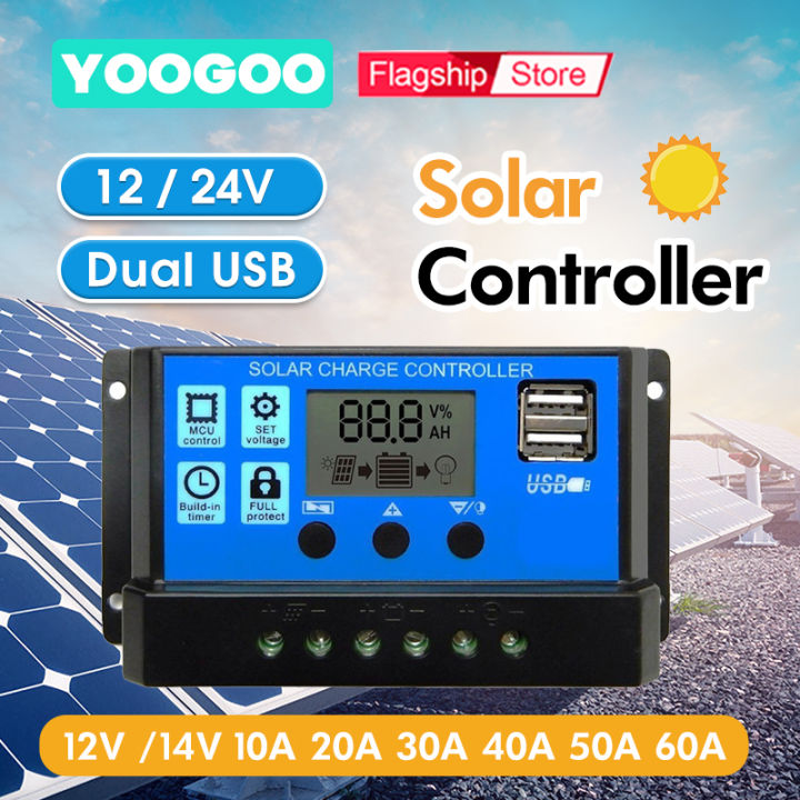 YOOGOO Solar Charge Controller LCD LED Display Solar PWM 12V/24V 10A 20A 30A 50A 60A USB Panel ...