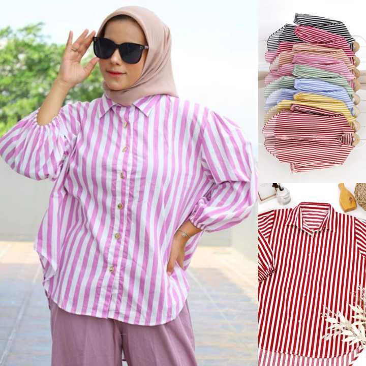 SJM ATASAN KEMEJA WANITA BAHAN KATUN SALUR IMPORT PREMIUM LENGAN PANJANG TANGAN KARET OVERSIZED ...