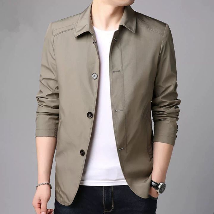 Bomber Jacket for Men with Button and Pockets Polo Neck Suit Jacket ...