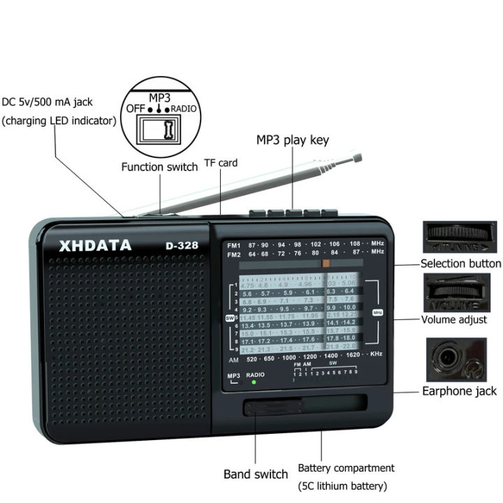 XHDATA D328วิทยุแบบพกพา AM FM SW 12 Bands วิทยุพ็อกเก็ตพร้อม DSP/MP3 ...