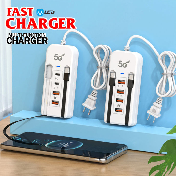 Multi Port USB Charger Station with iOS Type C Cable Charging Cable ...
