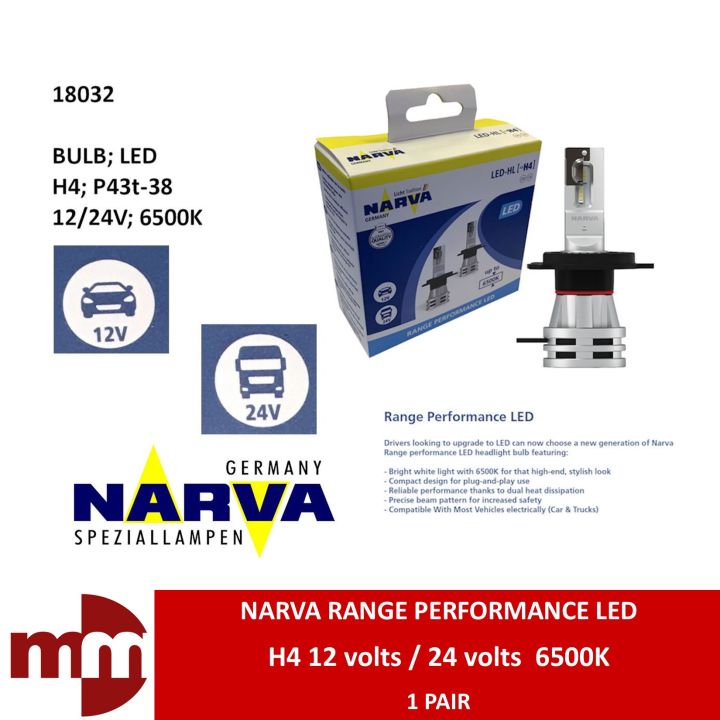 NARVA LED BULB RANGE PERFORMANCE H4 12volts / 24volts 6500k (1 SET ...