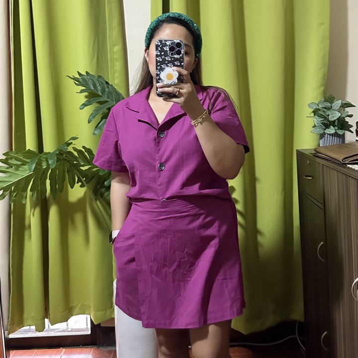 JANINE BUTTON DOWN POLO SKORT LINEN COORDINATES (Freesize fit Small to ...