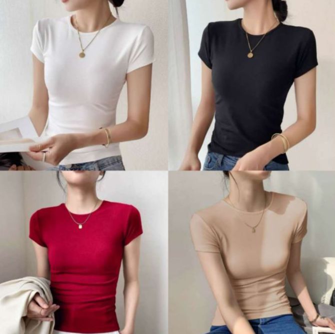 BASIC Double Lining Full Length Top Short sleeve Basic Plain T Shirts ...