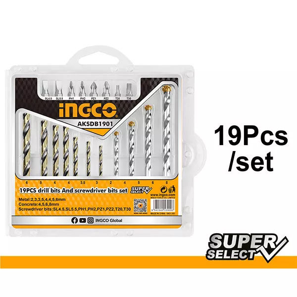 INGCO 19PCS drill bits and screwdriver bits set AKSDB1901 ING-SS OSOS ...