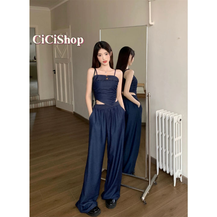 Cici(set3215)SET2ชิ้น เสื้อสายเดี่ยวสม็อกหลัง+กางเกงขายาวเอวสม็อก ผ้ายีนส์ เสื้อสายปรับได้ ผ้า ...
