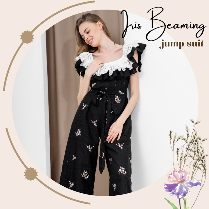 Iris Beaming Jump Suit (Charcoal) จั๊มสูทสีดำ ผ้าคอตตอน 100% ปักลายดอกไม้ Size S,M | Lazada.co.th