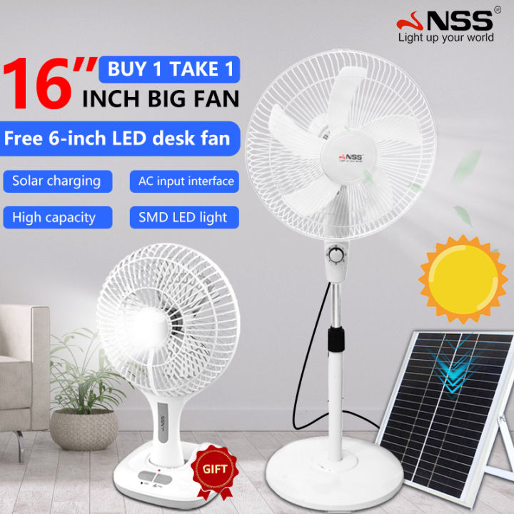 NSS desktop fan DC rechargeable fan with LED light and solar panel 6in ...