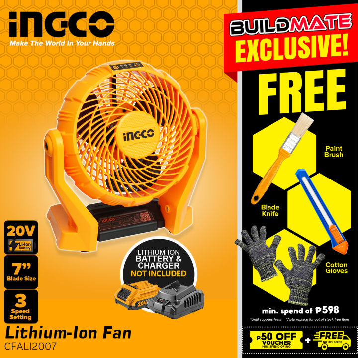 INGCO Cordless Lithium-Ion Fan 20V With 3 Speed 7" Inches Head Rotation ...