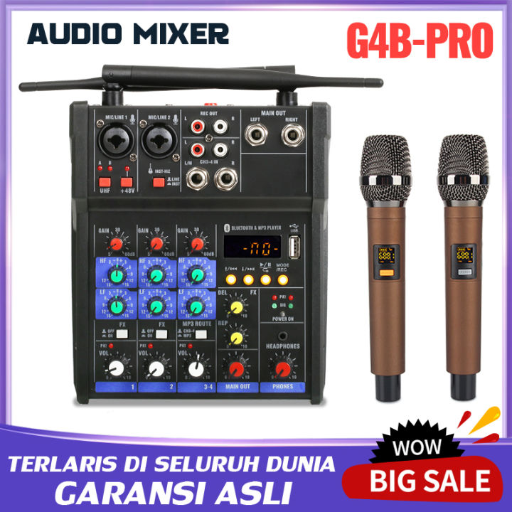 Mixer profesional G4B-PRO Mixer kecil 4-channel mikrofon nirkabel UHF built-in 2 mikrofon ...