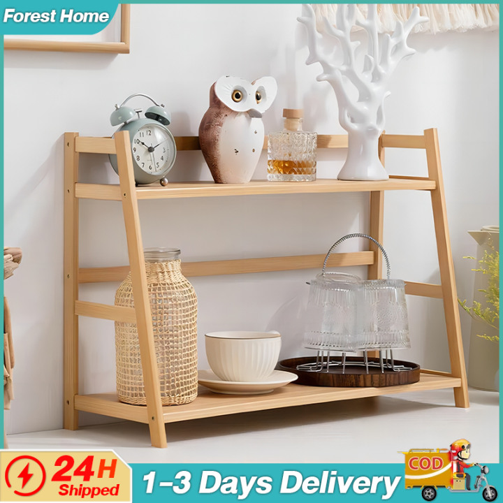 2 Layer Bamboo Desktop Storage Rack Kitchen Storage Box File Rack Desk ...