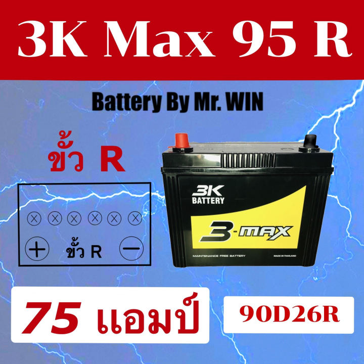 แบตเตอรี่รถยนต์ By Mr.WIN* 3K MAX95 R 75แอมป์ 90D26R 12V แบตกึ่งแห้ง ขั้วR ของใหม่ ใส่รถกะบะรุ่น ...