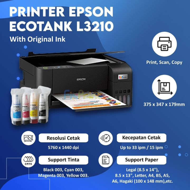 Printer Ink Tank EcoTank Epson L3210 L-3210 Print Scan Copy All-in-One Pengganti L3110 Ink 003 ...