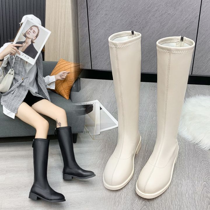 Winter Fashion Women Thigh High Long Flat Boots Beige Low Heels Knee ...