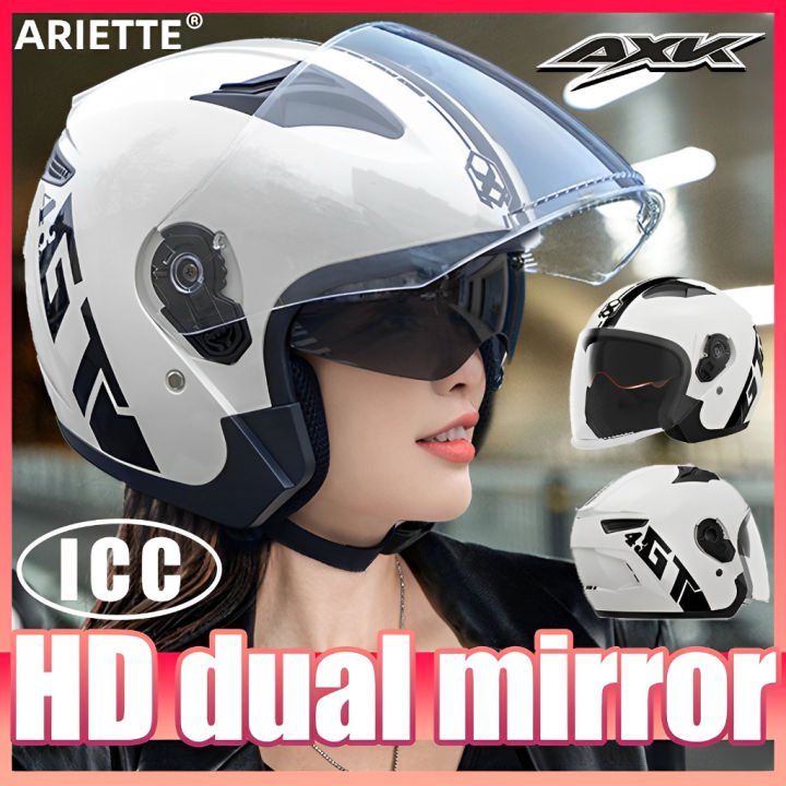 AXK Motorcycle Half Face Helmet For Men And Women HD Double Mirror ICC ...