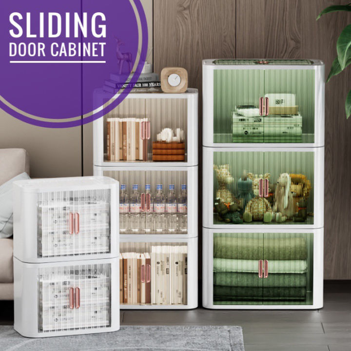 Sliding Door Storage Cabinet Transparent Foldable Stackable Storage Box ...