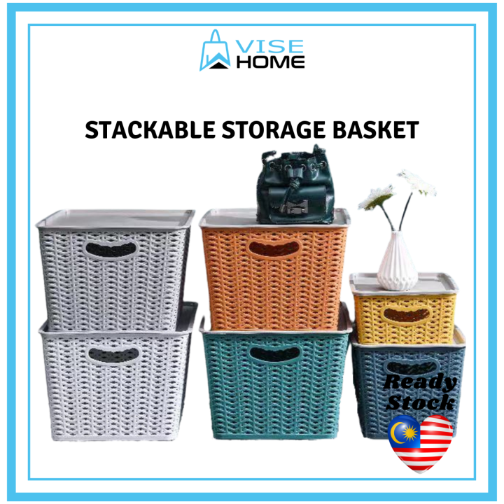 Premium Multi Purpose Stackable Storage Organizer Basket Box With Lid ...
