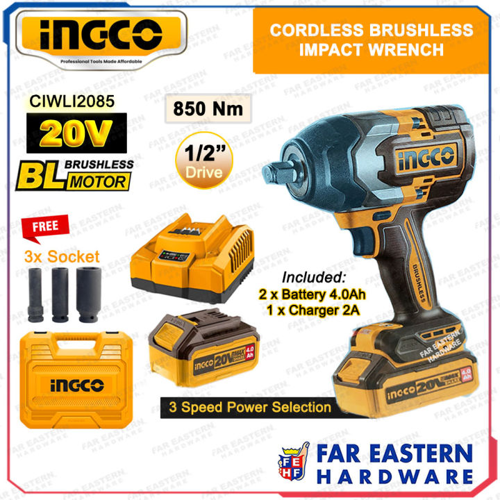 INGCO Cordless Brushless Impact Wrench 20V w/ Battery & Charger NPTCL ...