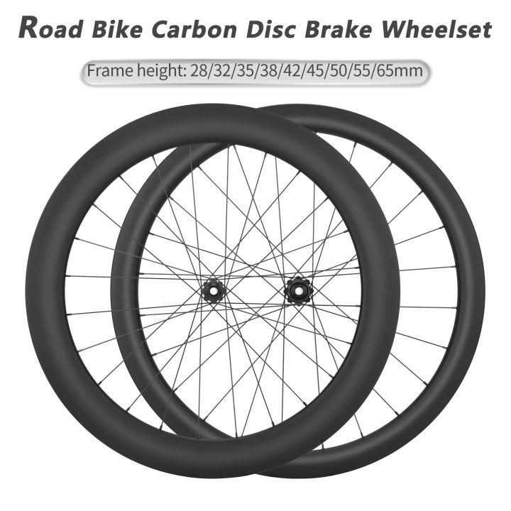 Road Bike 700C Carbon Wheelset 45MM 55MM 65MM 50MM Rim 4 Bearings 24 Holes Thru Axle Disc Brake ...