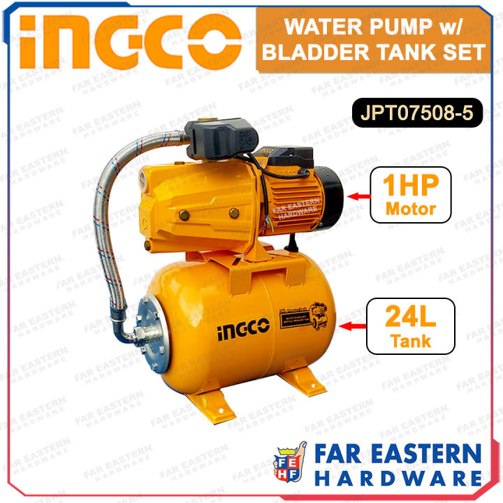 INGCO 1HP Electric Motor Water Pump w/ 24 Liters Bladder Tank Set ...