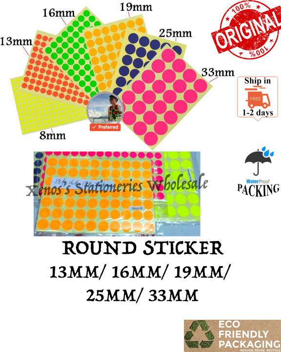 ROUND STICKER FLUORESCENT COLOUR 13mm / 16mm / 19mm / 25mm / 33mm ...