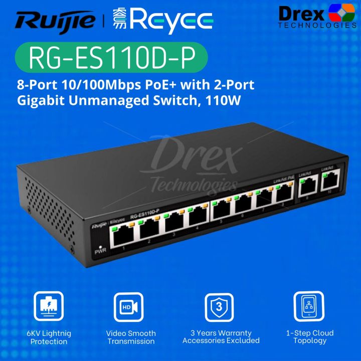 Rujie RG-ES110D-P 8-Port 1/100Mbps PoE+ with 2-Port Gigabit Unmanaged Switch, 110W | Lazada PH