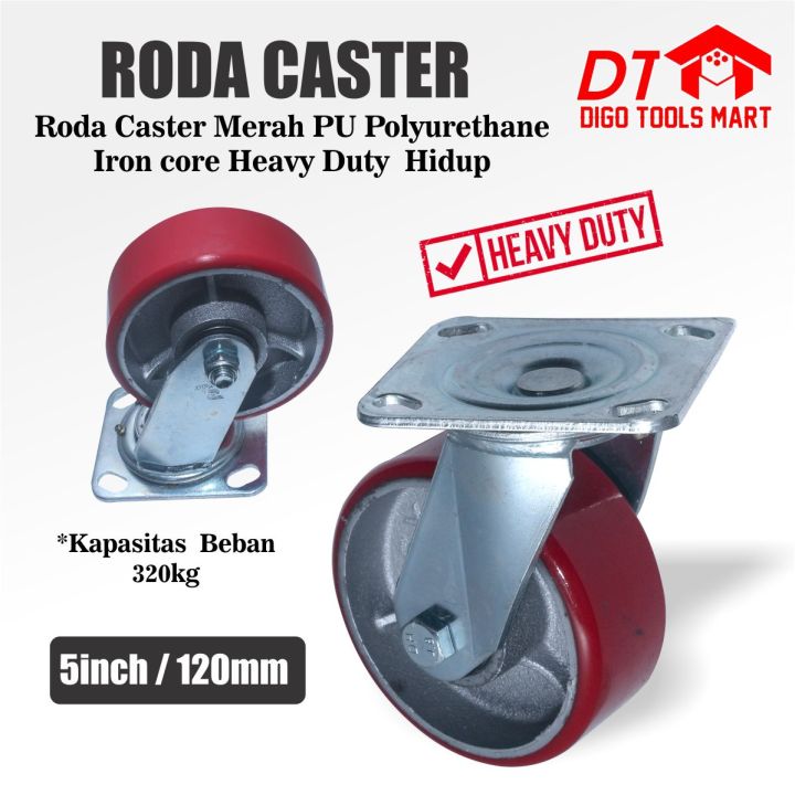 Roda Caster Merah 5inci PU Polyurethane Iron core Heavy Duty Hidup ...