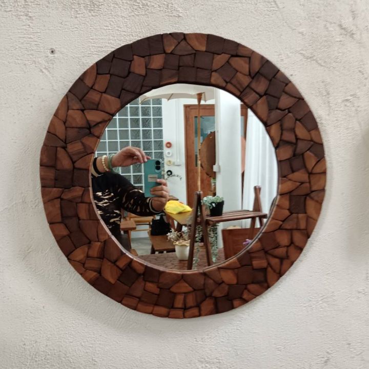 กระจกไม้สัก teak mirror สไตส์ มินิมอล (ส่งพร้อมกระจก) สีโอ็ค ขนาด กว้าง ...