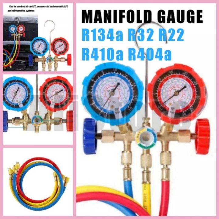 ALi Manifold Gauge R134a R32 R410a R22 R12 R404a Gas Meter + 3 Pcs Hose Aircond Penyaman Udara ...
