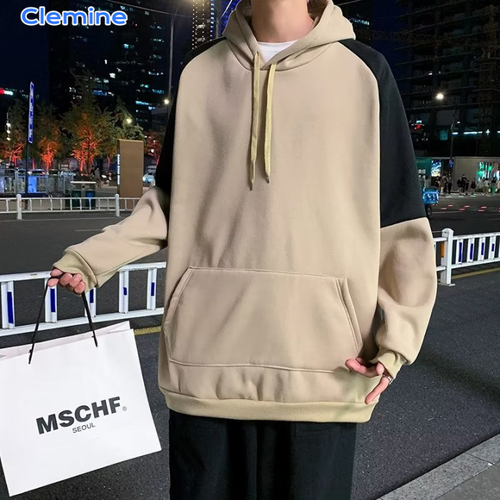 Clemine เสื้อสเวตเตอร์ผู้ชายบุขนกำมะหยี่มีฮู้ดสีตัดกันแขนยาวทรงหลวมใส่ ...
