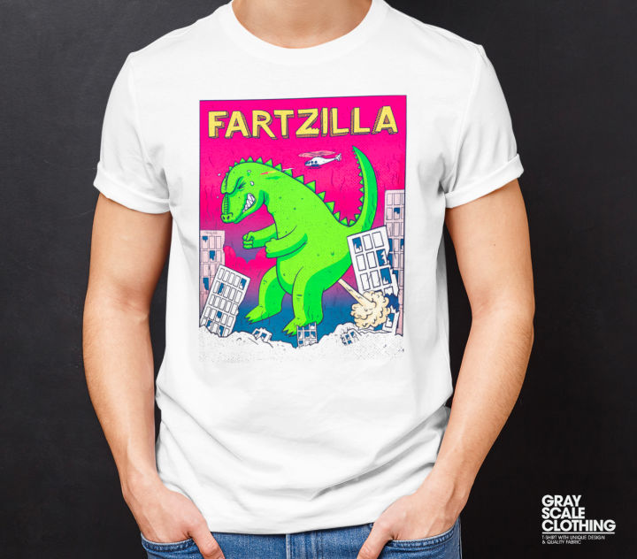 🌬️ FARTZILLA 👀 เสื้อยืดพิมพ์ลายสีขาวแขนสั้น ผ้า Polyester 65% Cotton 35 ...