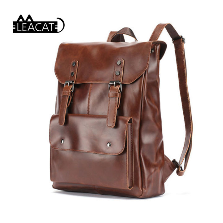 Leacat Backpack Crazy Horse PU Leather Vintage Men Hasp Backpack ...